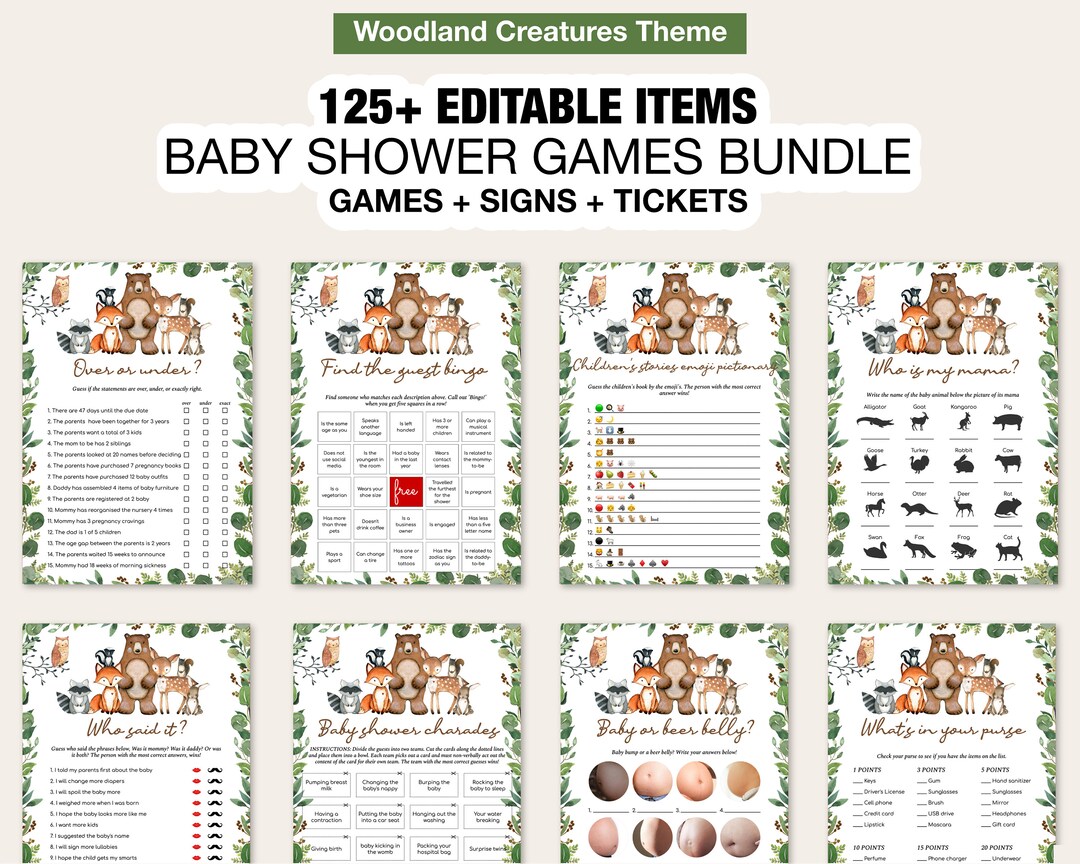 Woodland Forest Animals Baby Shower Games Bundle Woodland Animals Baby ...