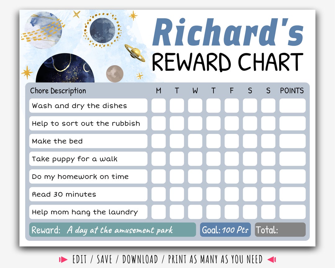 EDITABLE Space Rocket Reward Chart, Behavior Chart, Daily Chore Chart ...