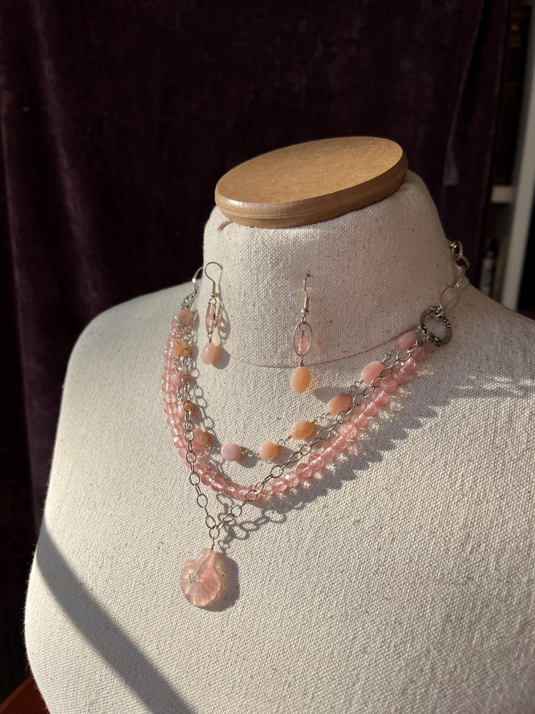 Pink Peony Handcrafted Three-tier Necklace and Earrings Set ...
