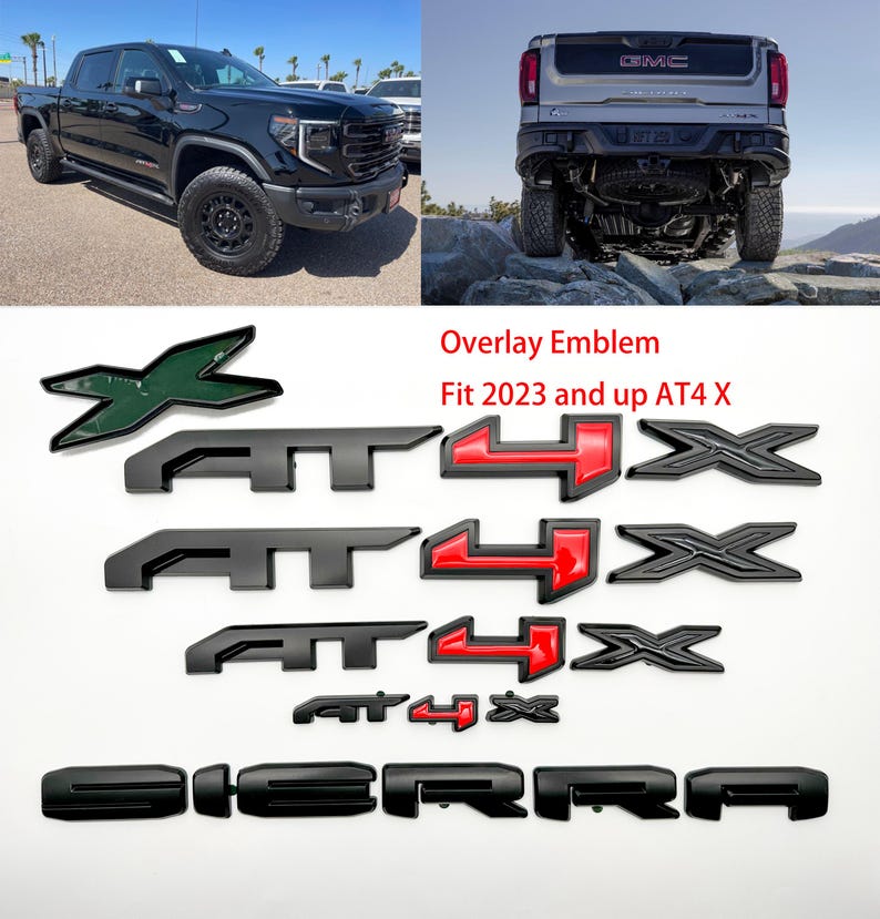 Matte Black Red AT4X Overlay Emblems Fit 2023-2026 GMC Sierra 1500 AT4X ...