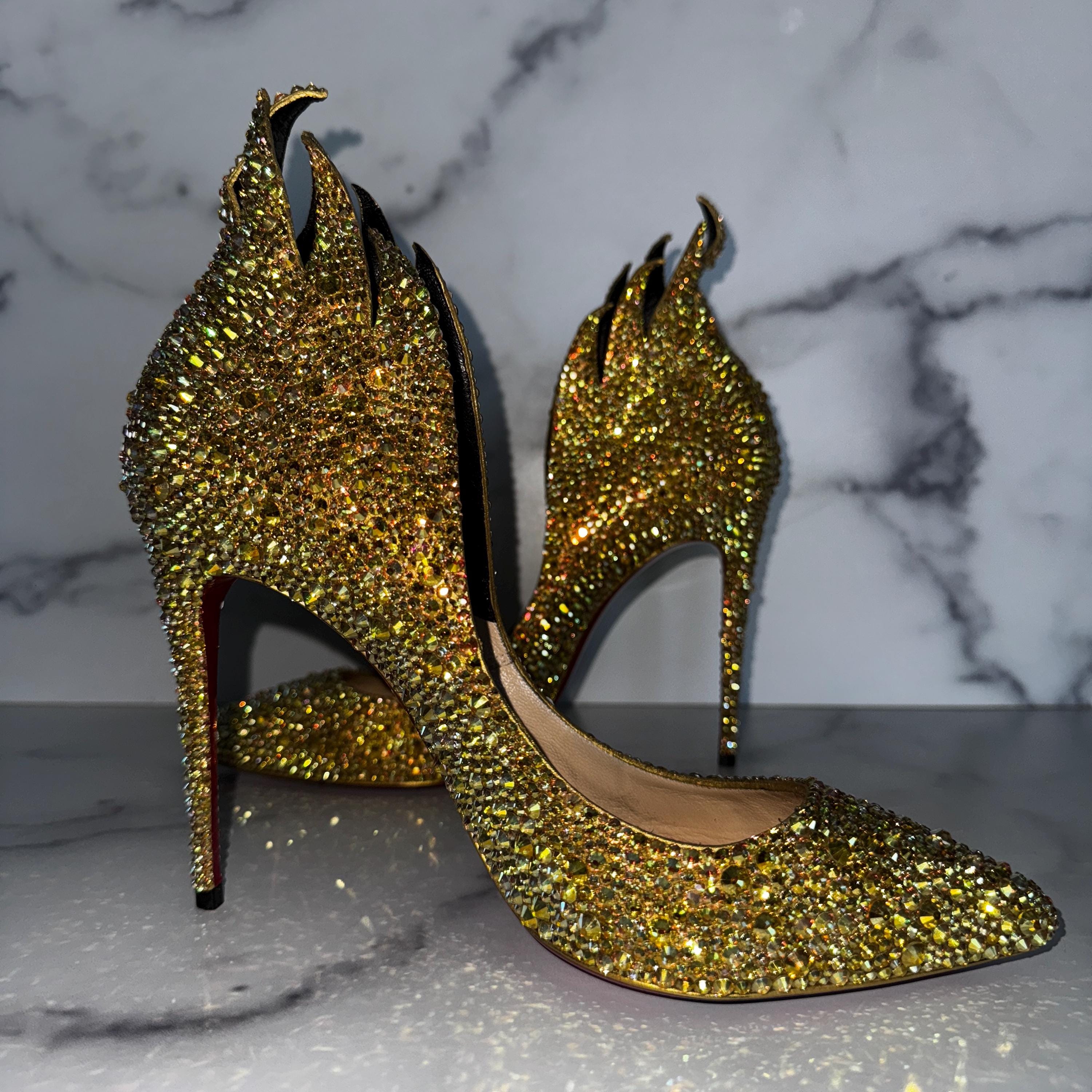 Gold Crystal Christian Louboutin Flame Heels • Authentic Upcycled Red ...