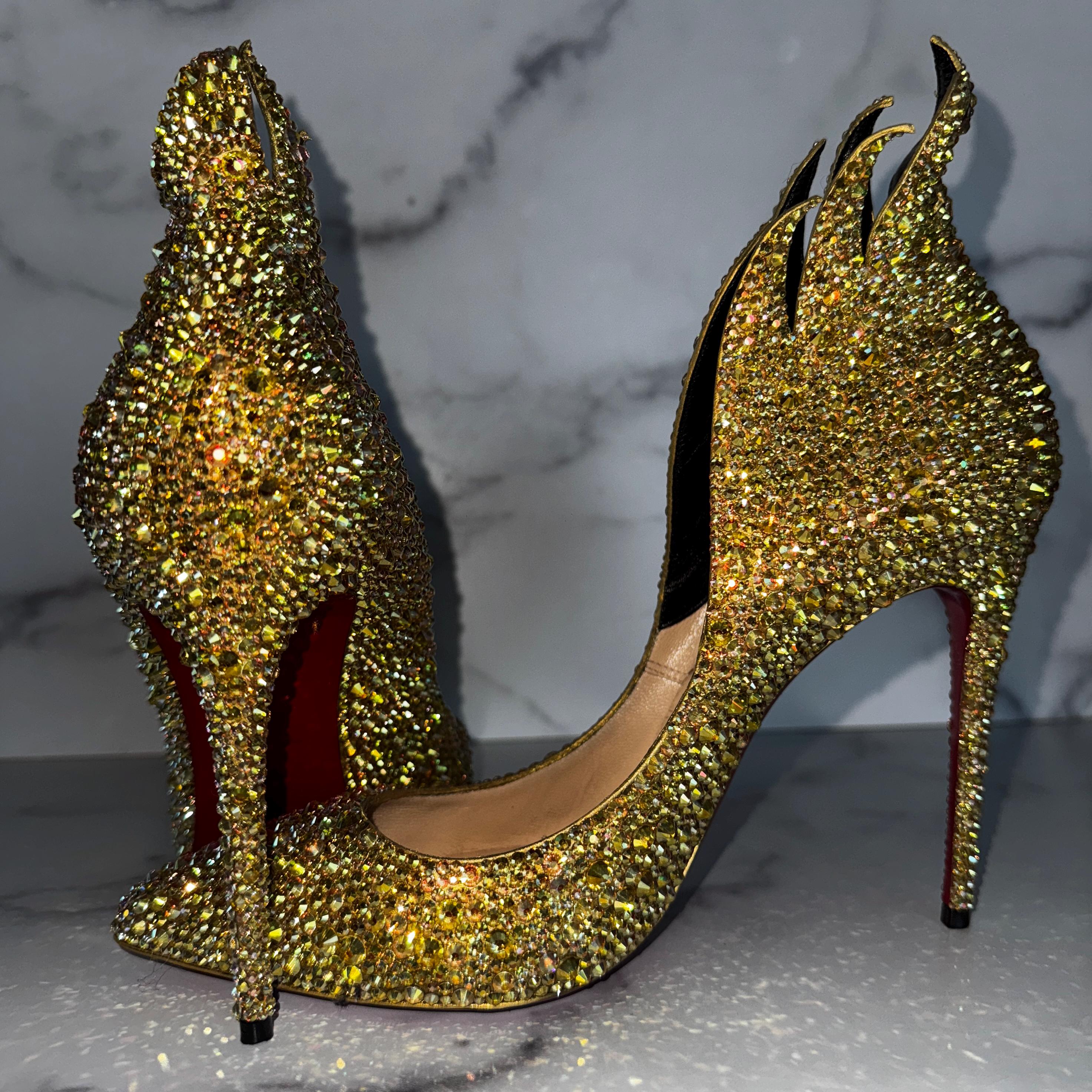 Gold Crystal Christian Louboutin Flame Heels • Authentic Upcycled Red ...