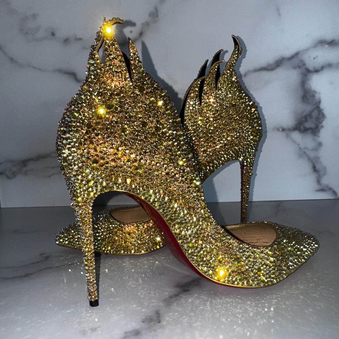 Gold Crystal Christian Louboutin Flame Heels • Authentic Upcycled Red ...