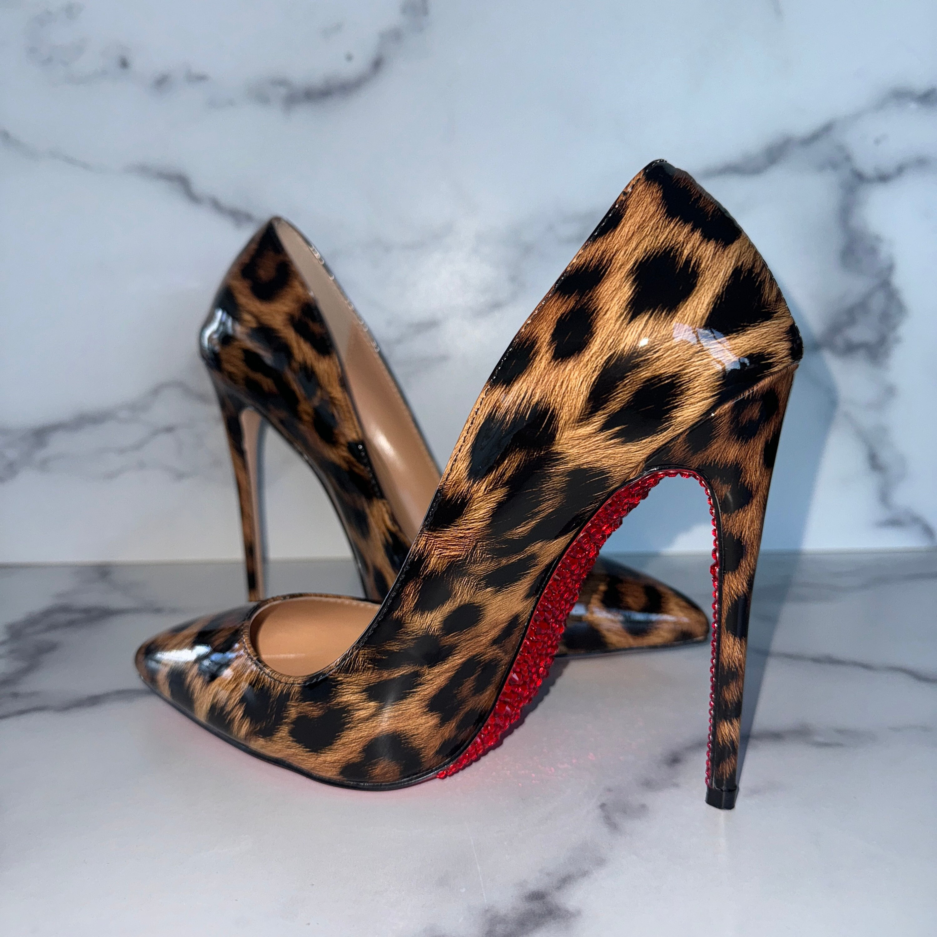 Leopard Heels With Crystal Bling Red Bottoms, Stiletto High Leopard Heels With Crystal Bling Red Bottoms, Stiletto High