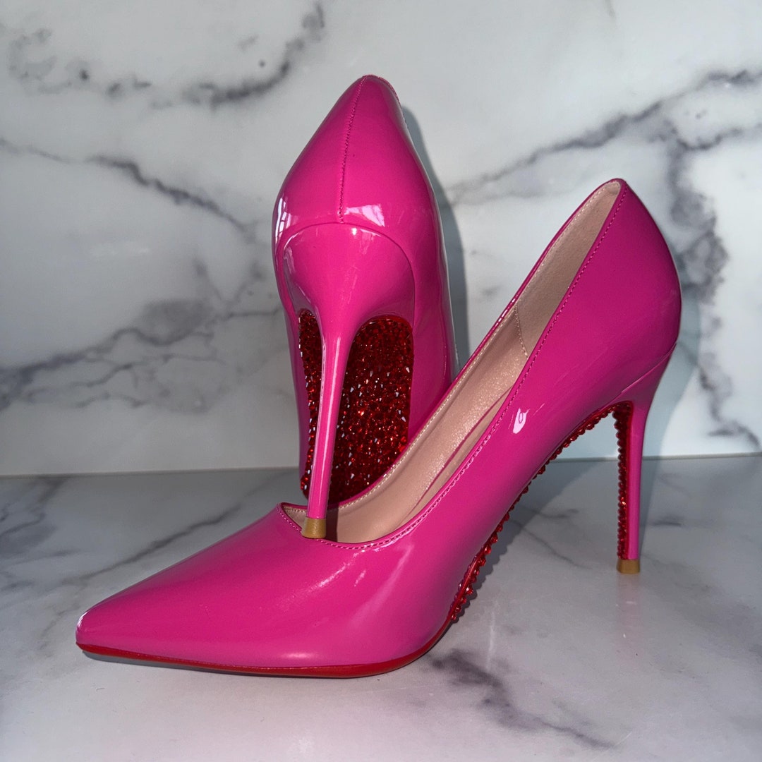 Pink Stiletto Pumps With Crystal Red Bottoms, Vegan Leather | Perfect ...