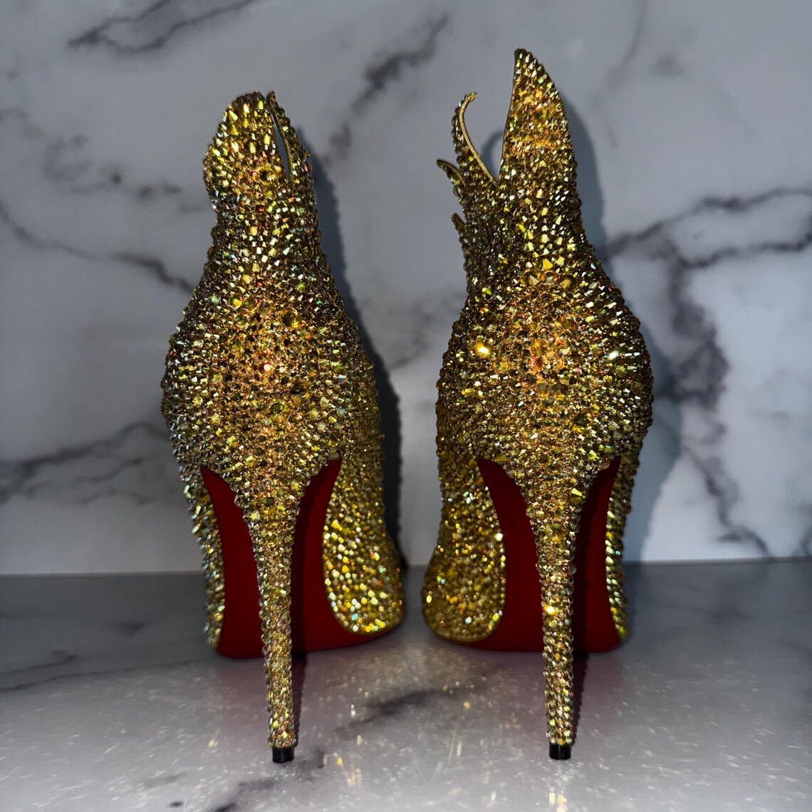 Gold Crystal Christian Louboutin Flame Heels • Authentic Upcycled Red ...