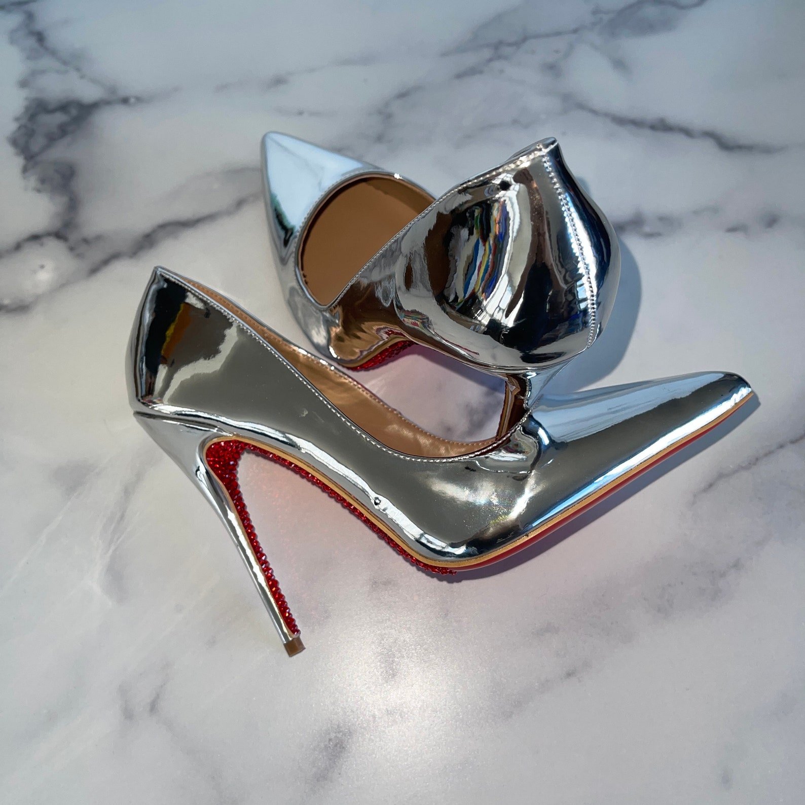 Silver Chrome Crystal Red Bottoms, Stiletto High Heel Pumps | Fashion ...