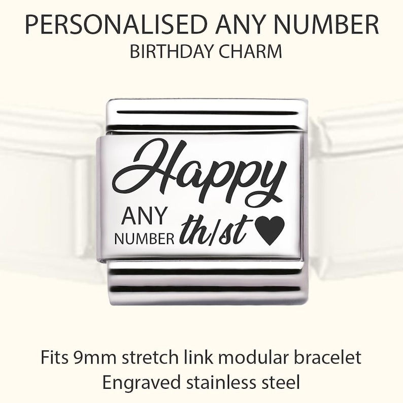 Personalised Happy Birthday Italian Charm Custom Number Engraved Bead ...