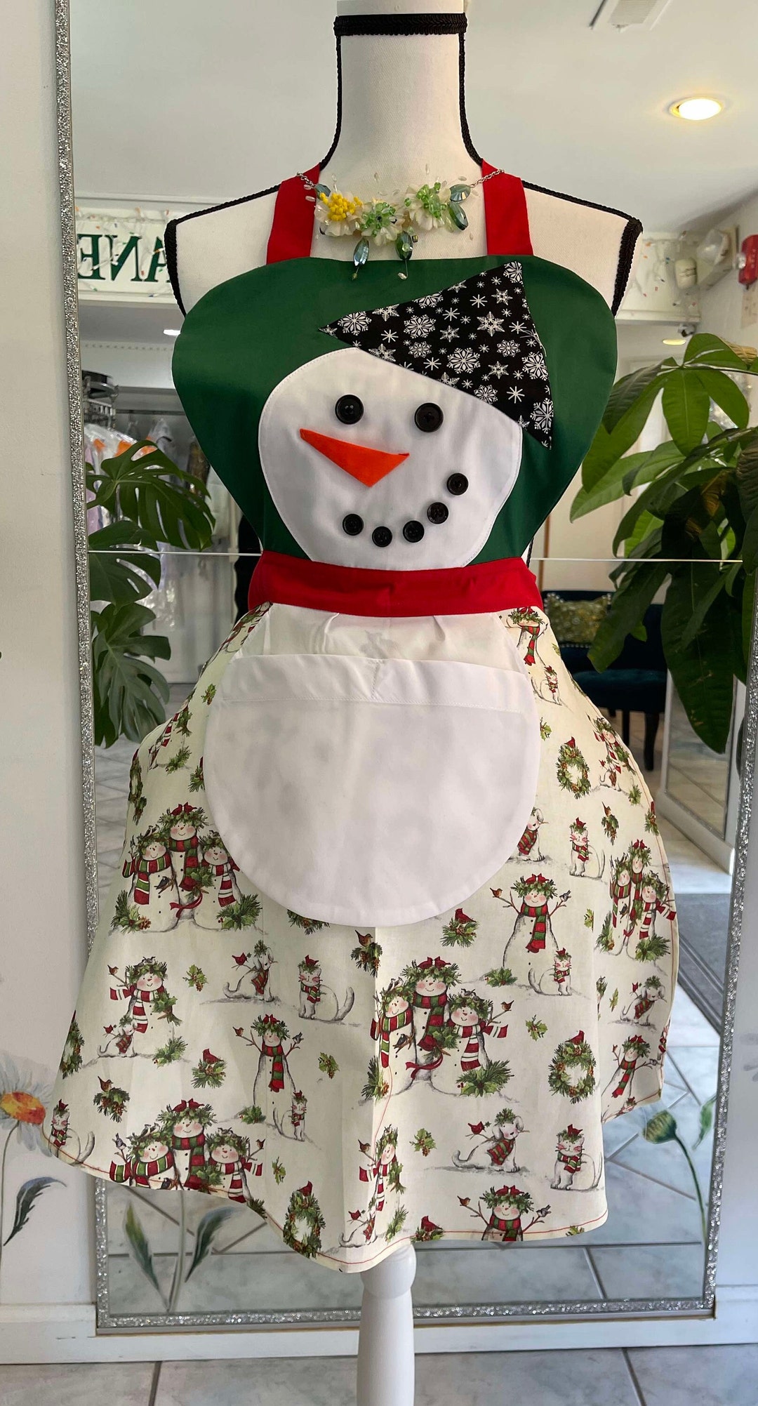 Snowman Vintage Style Apron With Pockets- Long Adjustable Ties- With ...