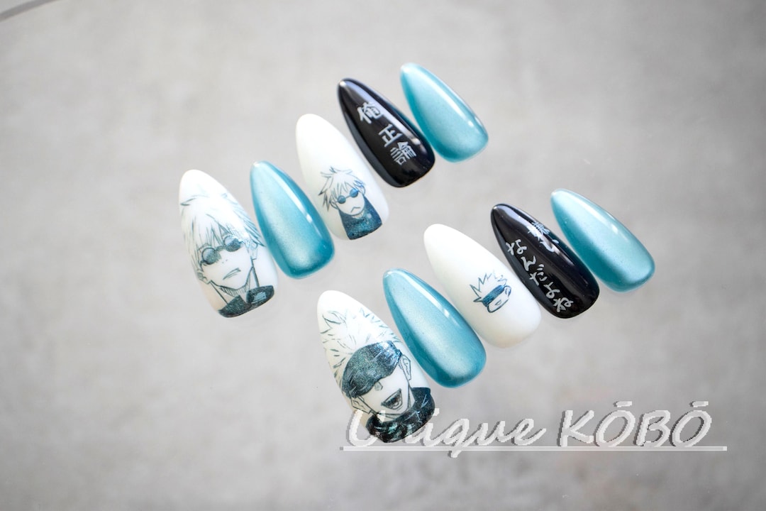 Hand-painted Manga Nails Metallic Series Gojo 2.0 Reusable Press-on ...