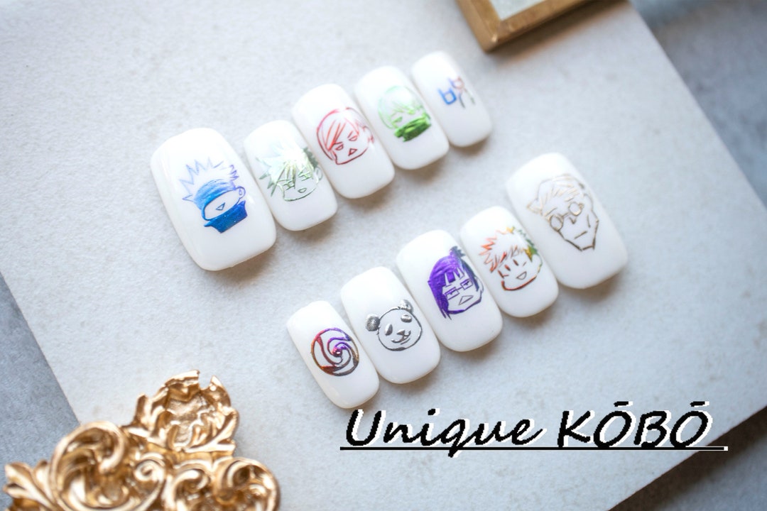 Hand-painted Manga Nails Metallic JJK Set Reusable Press-on Nails False ...