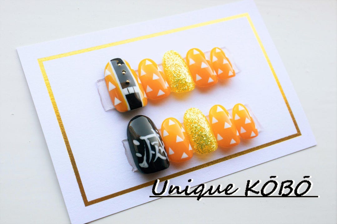 Zenitsu Inspired Hand-painted Anime Motif Nails, Reusable Press-on ...