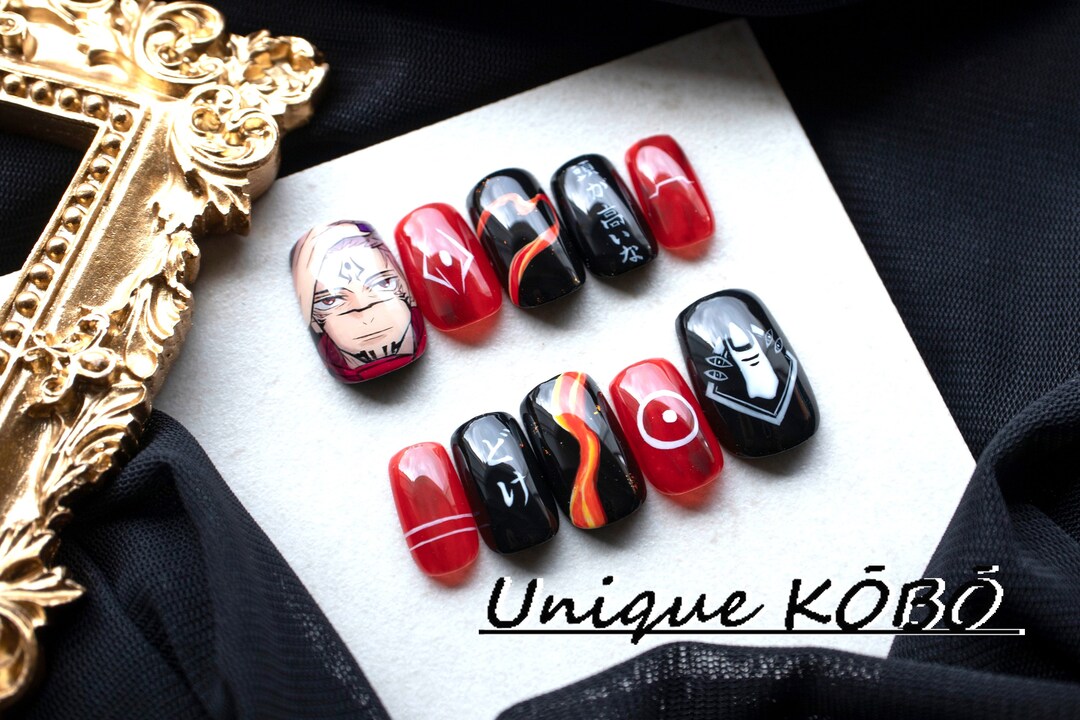 Hand-painted Anime Nails Villain Nails Sukuna Reusable - Etsy