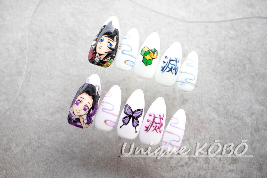 Hand-painted Anime Nails Demon Anime Nails Giyu Shinobu Reusable Press ...