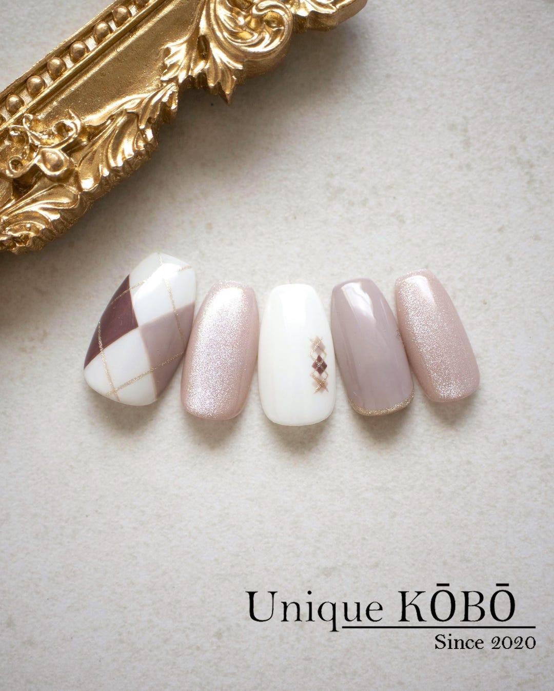 Argyle Winter Press-on Nails, Mocha & Pink Hand-painted Cozy Check Nail ...