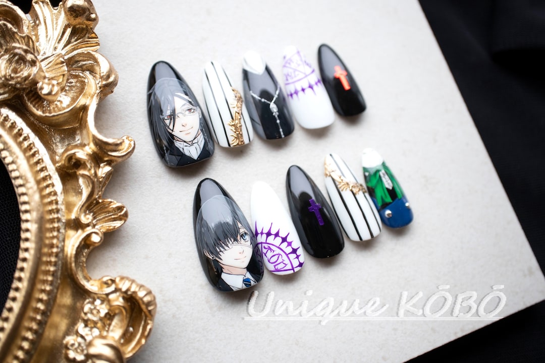 Hand-painted Anime Character Motif Nails | Sebastian | Ciel | Reusable ...