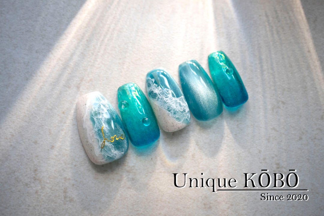 Sandy Shore Nails, Beach-inspired Press-on Nails, Ocean Nail Art ...