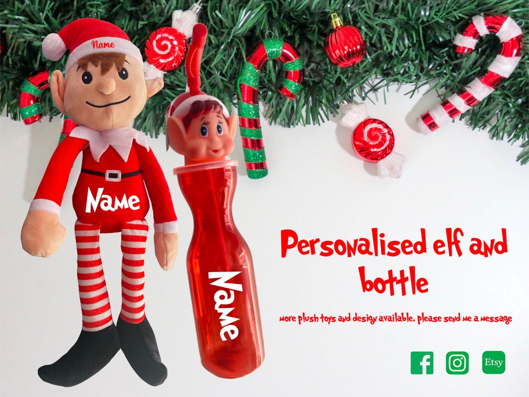 Personalised Elf Plush Toy and Bottle Bundle Christmas Eve Box Gift ...