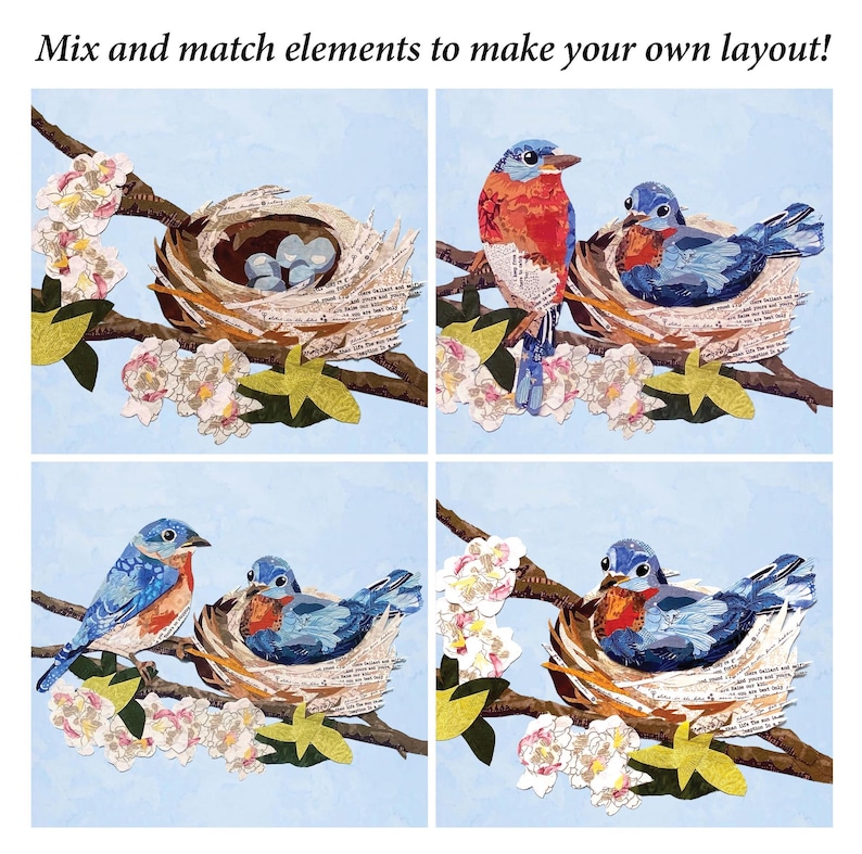 Fabric Collage BLUEBIRD & NEST Pattern - Etsy