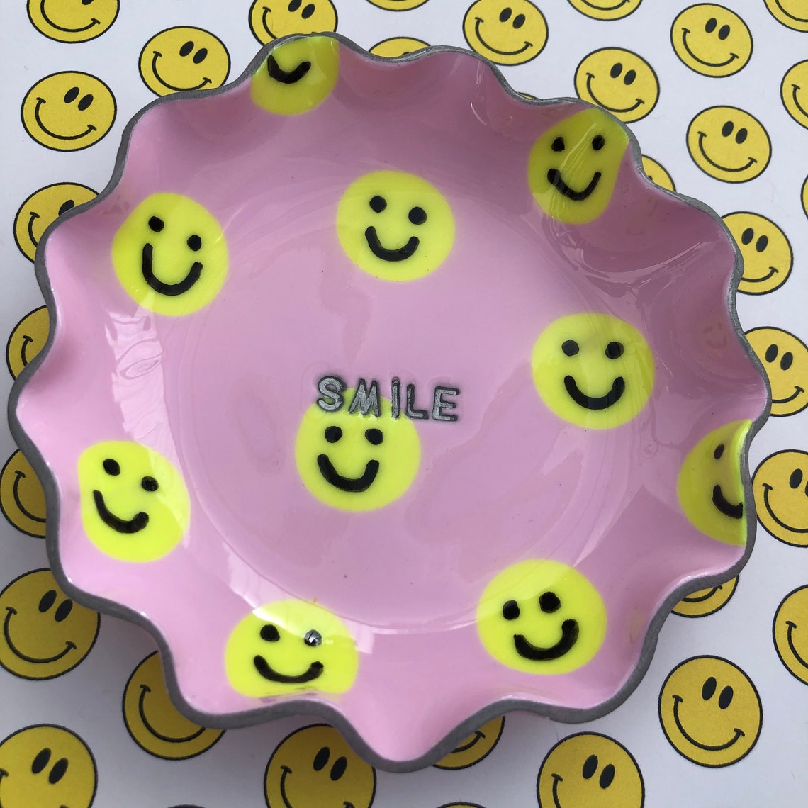 Handmade clay trinket dishes SMILE made to order yellow | Etsy