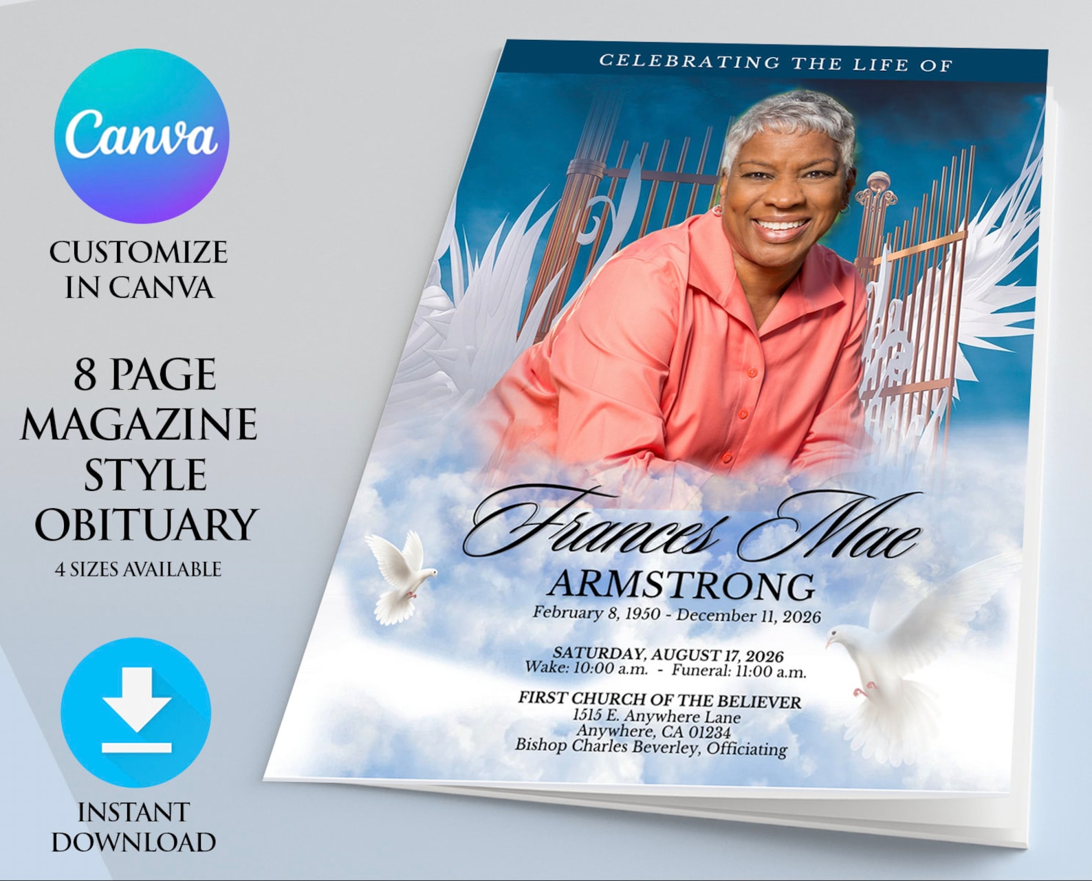 Obituary, Memorial Program Template, 8.5"x11" BOOKLET 8 Pages, Heaven's ...