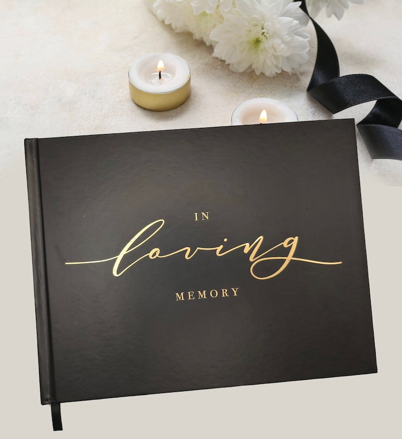 In Loving Memory Funeral Guest Book - Gold Foil Black Guestbook W/ Pen ...
