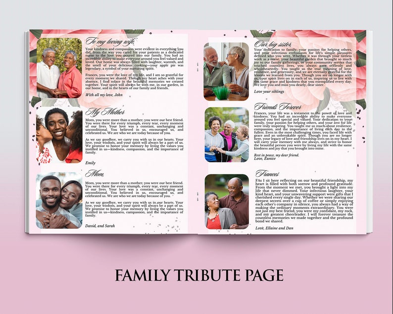 Obituary, Memorial Program Template, 8.5"x11" BOOKLET 8 Pages, Pink ...