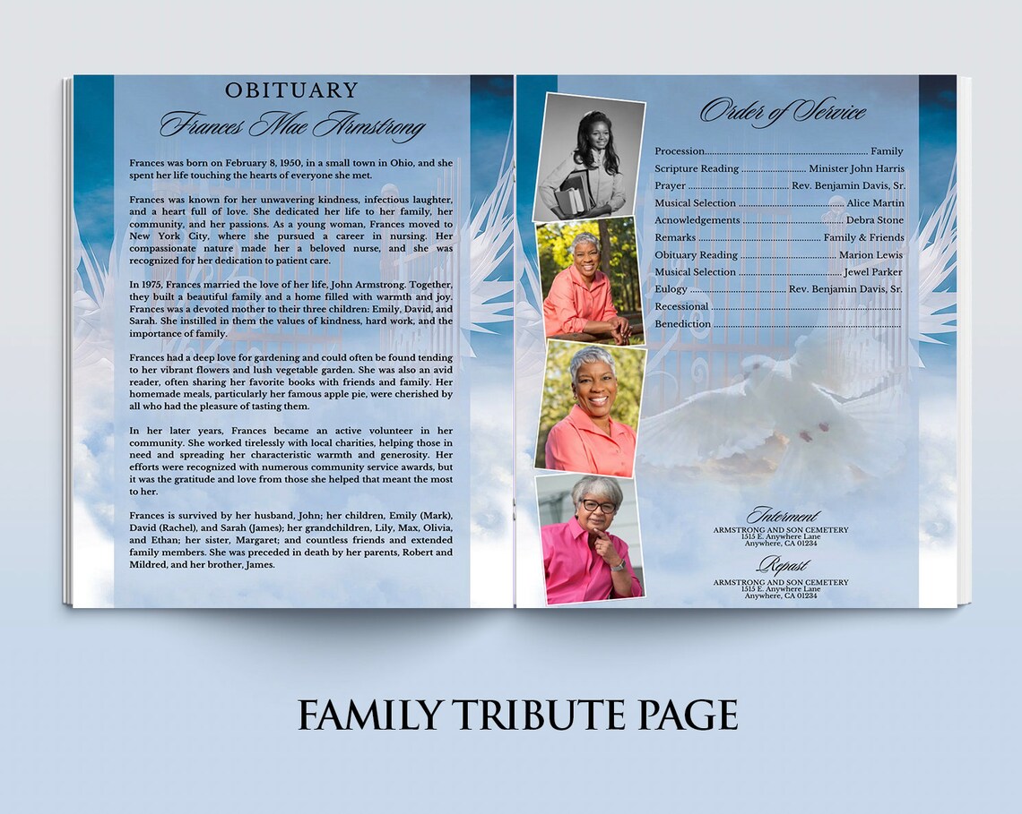 Obituary, Memorial Program Template, 8.5"x11" BOOKLET 8 Pages, Heaven's ...
