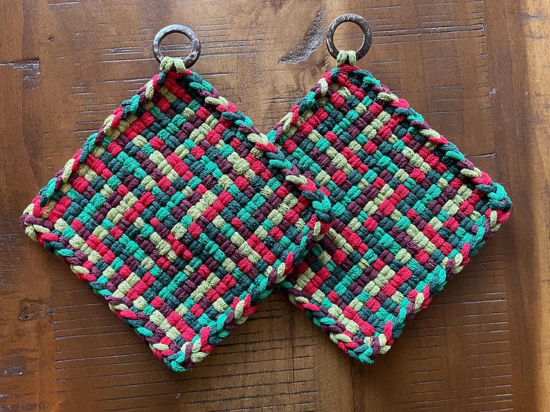 Green and Red Weave - Handcrafted Woven Cotton Potholders: Kitchen Hot ...