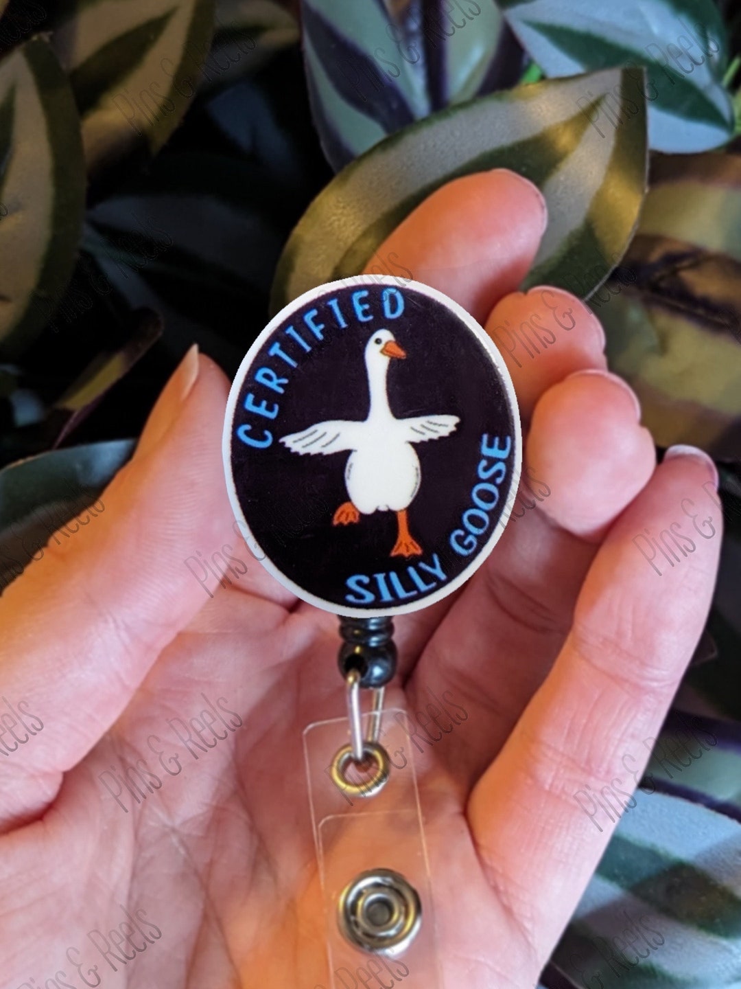 CERTIFIED SILLY GOOSE Badge Reel Funny Geese Sarcasm Purple Blue Id ...