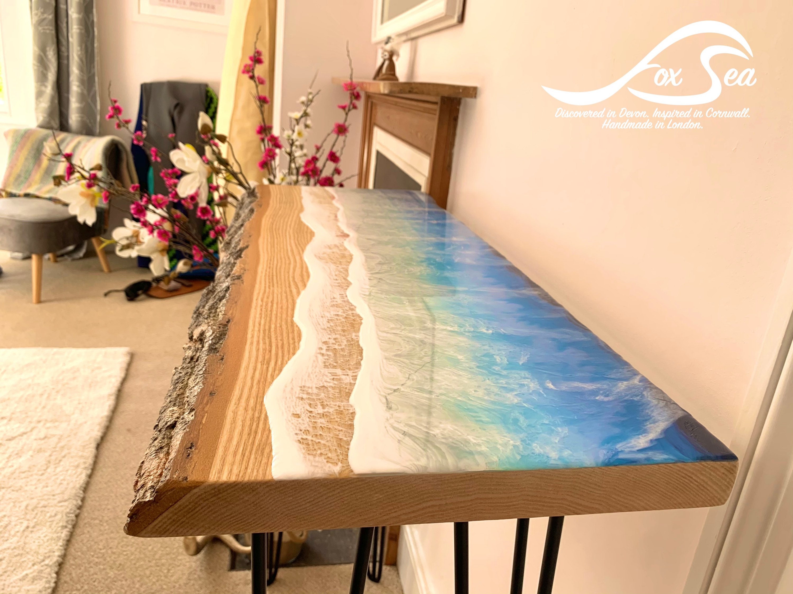 MADE to ORDER Custom Resin Wave Table, Oak or Ash Wood, Hairpin Legs ...