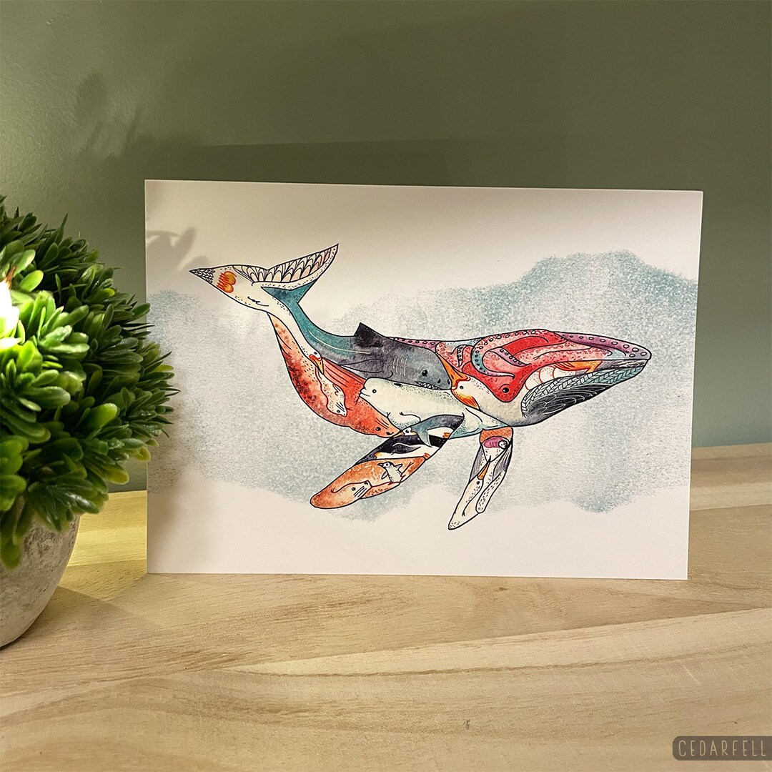 Humpback Whale Greeting Card – Hand-drawn Interlocking Animal Art, 5x7 ...