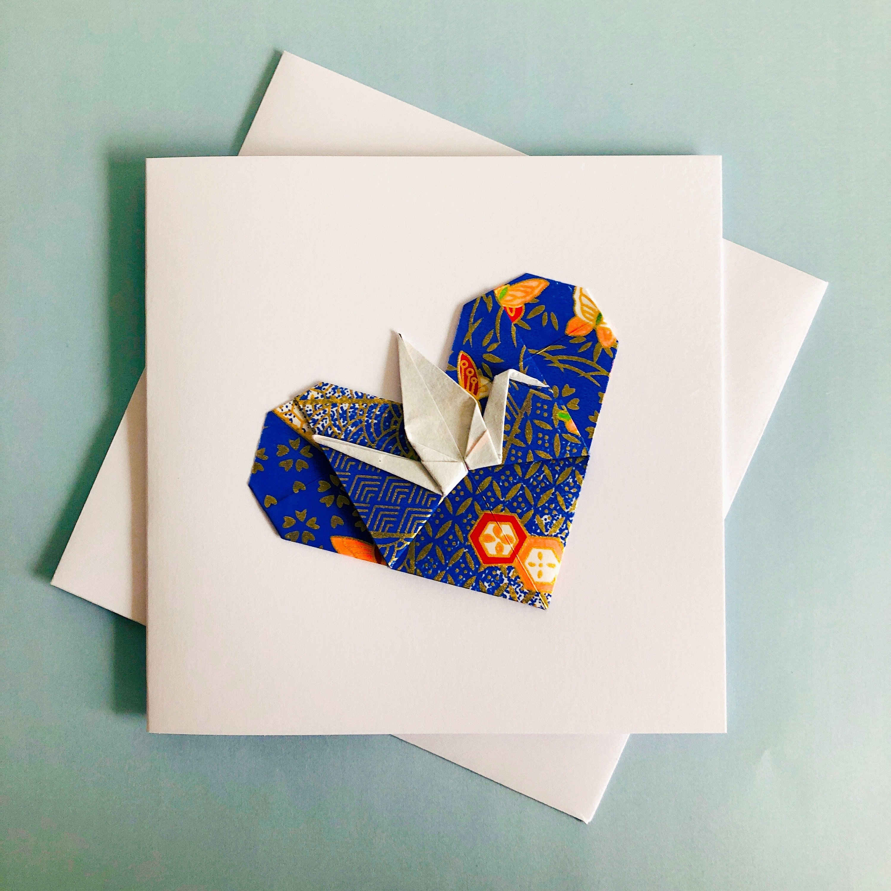 Blue Origami Crane Heart Greeting Card Paper Heart Card for | Etsy
