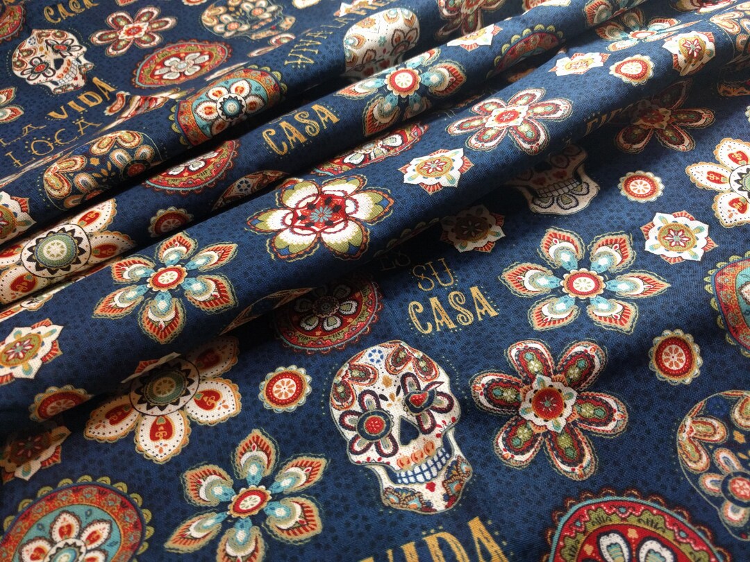 Navy Blue Cotton Fabric 44 Wide by Yard Mexican Sugar Skull Calaveras ...