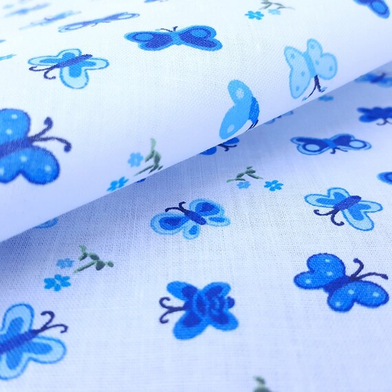 Small Blue Floral Butterfly Print White Poly Cotton Fabric | Etsy