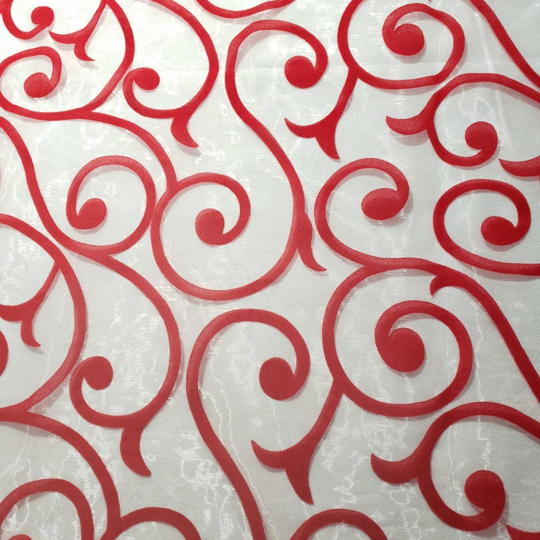 Red Flocked Swirls Filigree Vines on White Organza Sheer Fabric 58" by ...