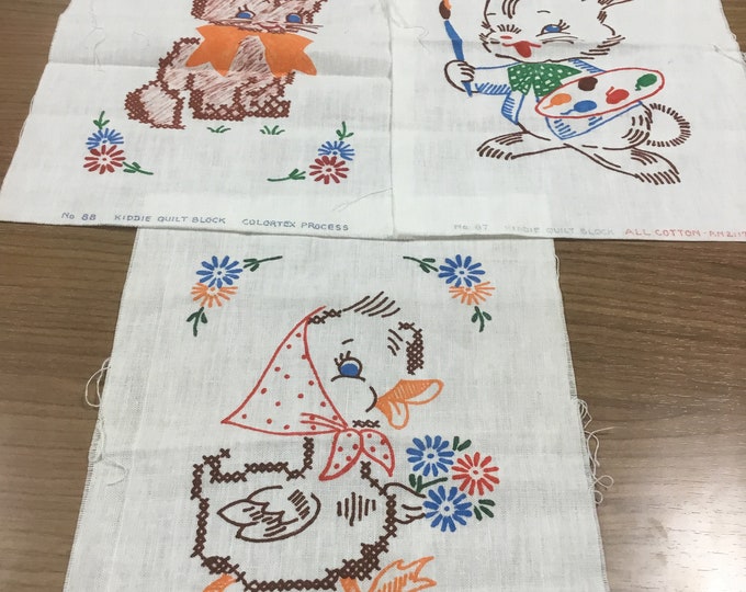 Vintage Colortex Process Kiddie Quilt Blocks, Duck, Bunny, Kitten, You ...
