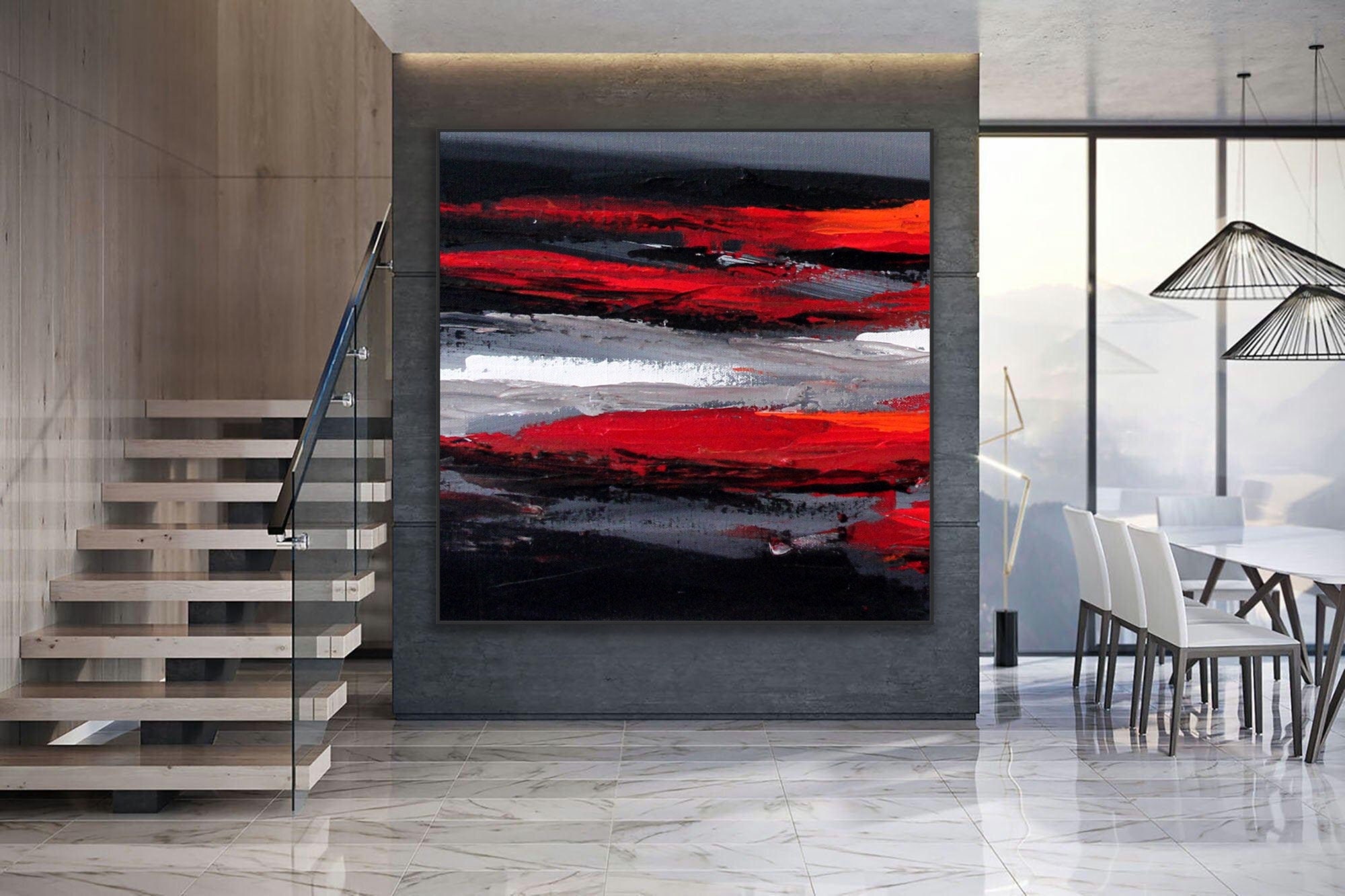 96" Large Wall Art Original Abstract Painting Black Red Gray Painting ...