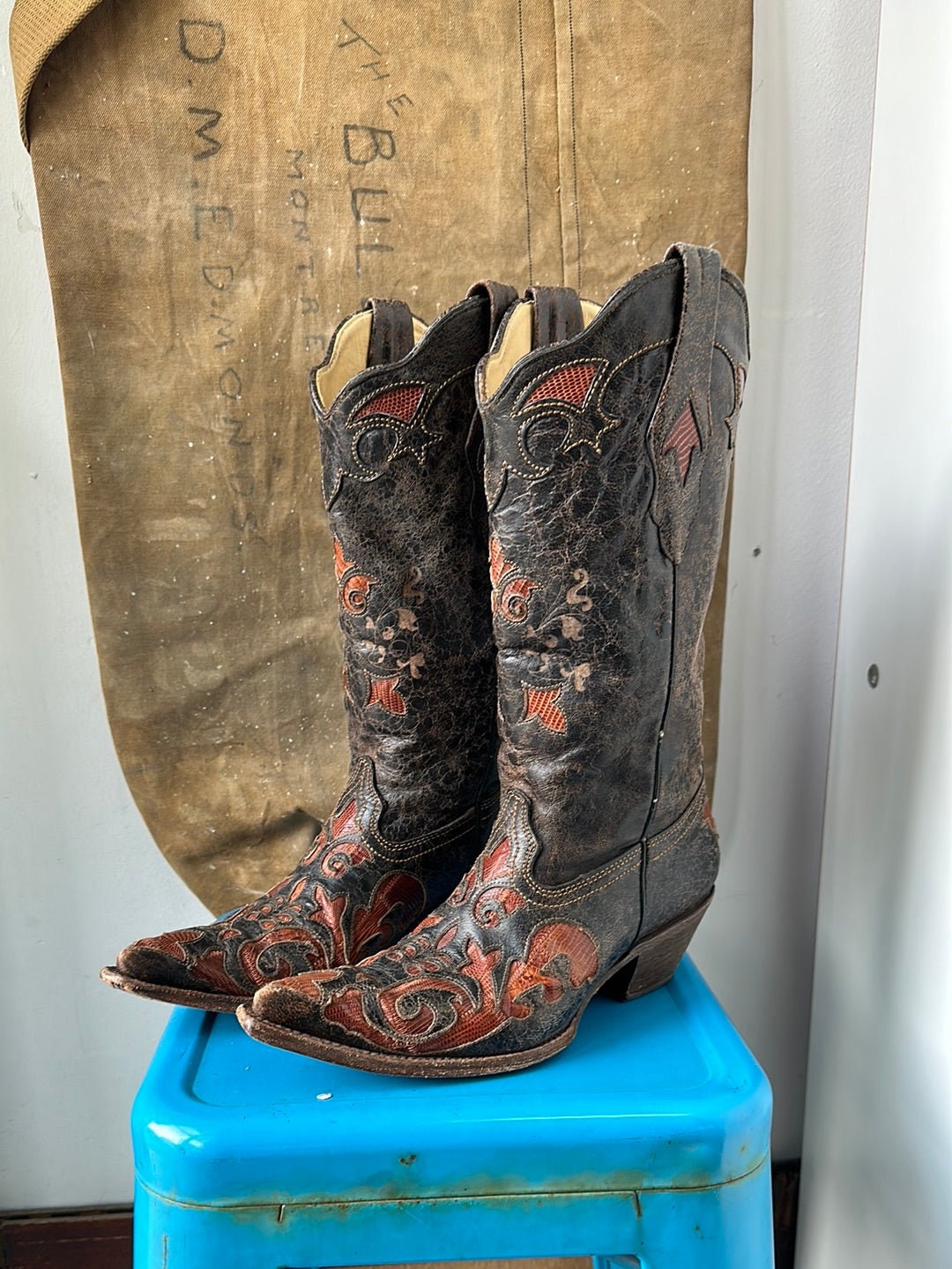 Goat Skin Cowboy Boots Orange/black Size 6.5 M 8 W - Etsy