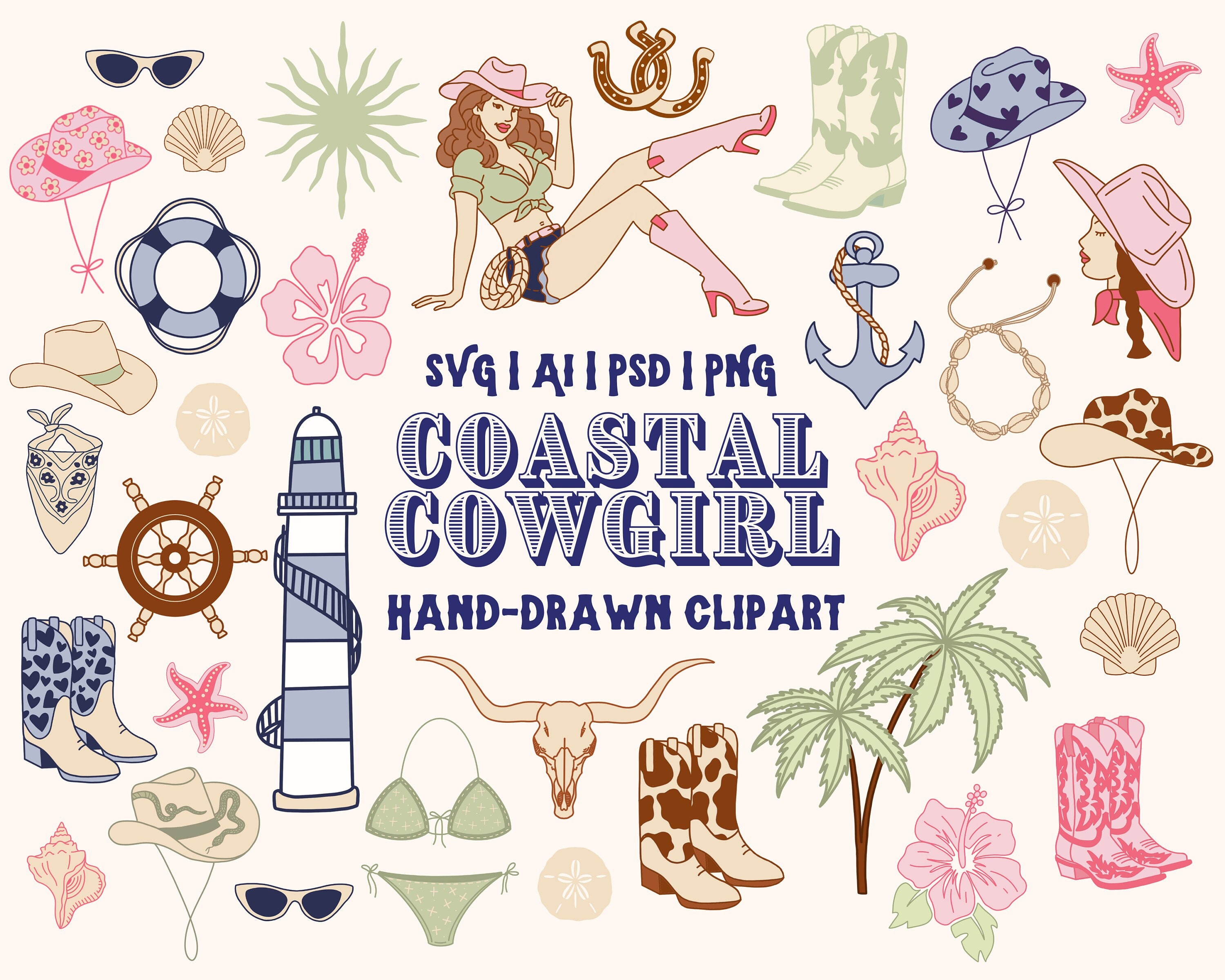 Coastal Cowgirl Clipart SVG | Western Beach Digital Files - Etsy