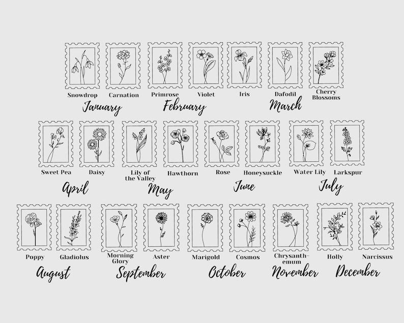 Birth Flowers SVG Bundle Handdrawn Stamp Clip Art Birthday - Etsy