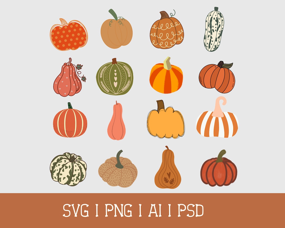 Cute Pumpkin SVG Bundle | Hand-drawn Retro Pumpkins Halloween Clipart ...