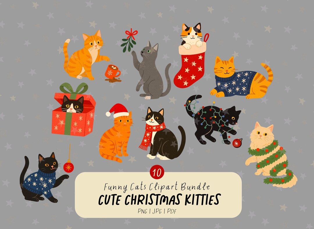 Cute Christmas Cats Clipart Bundle | 10 PNG Cat Illustrations | Holiday ...