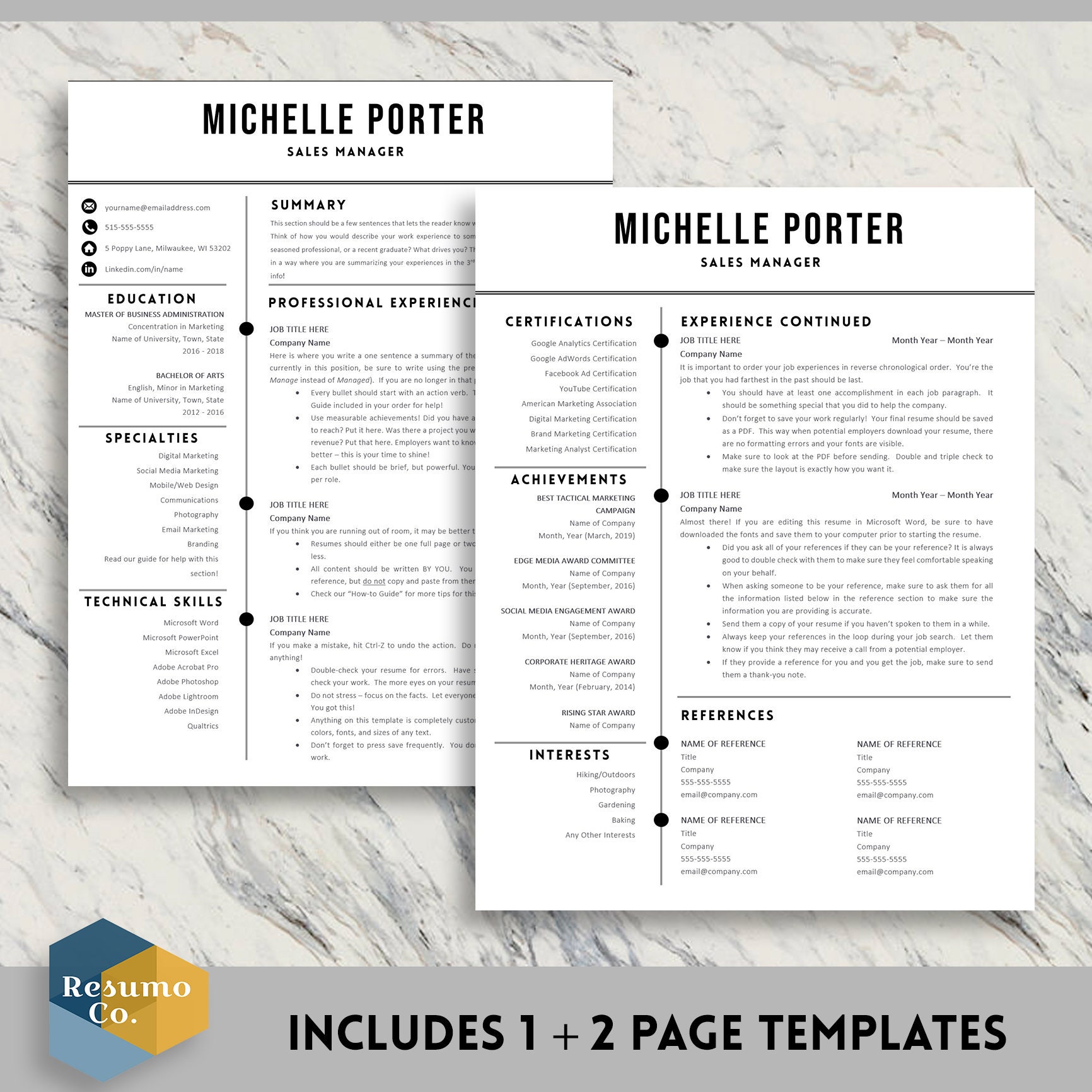 Professional Resume Template 1 2 Page Resume Simple CV - Etsy