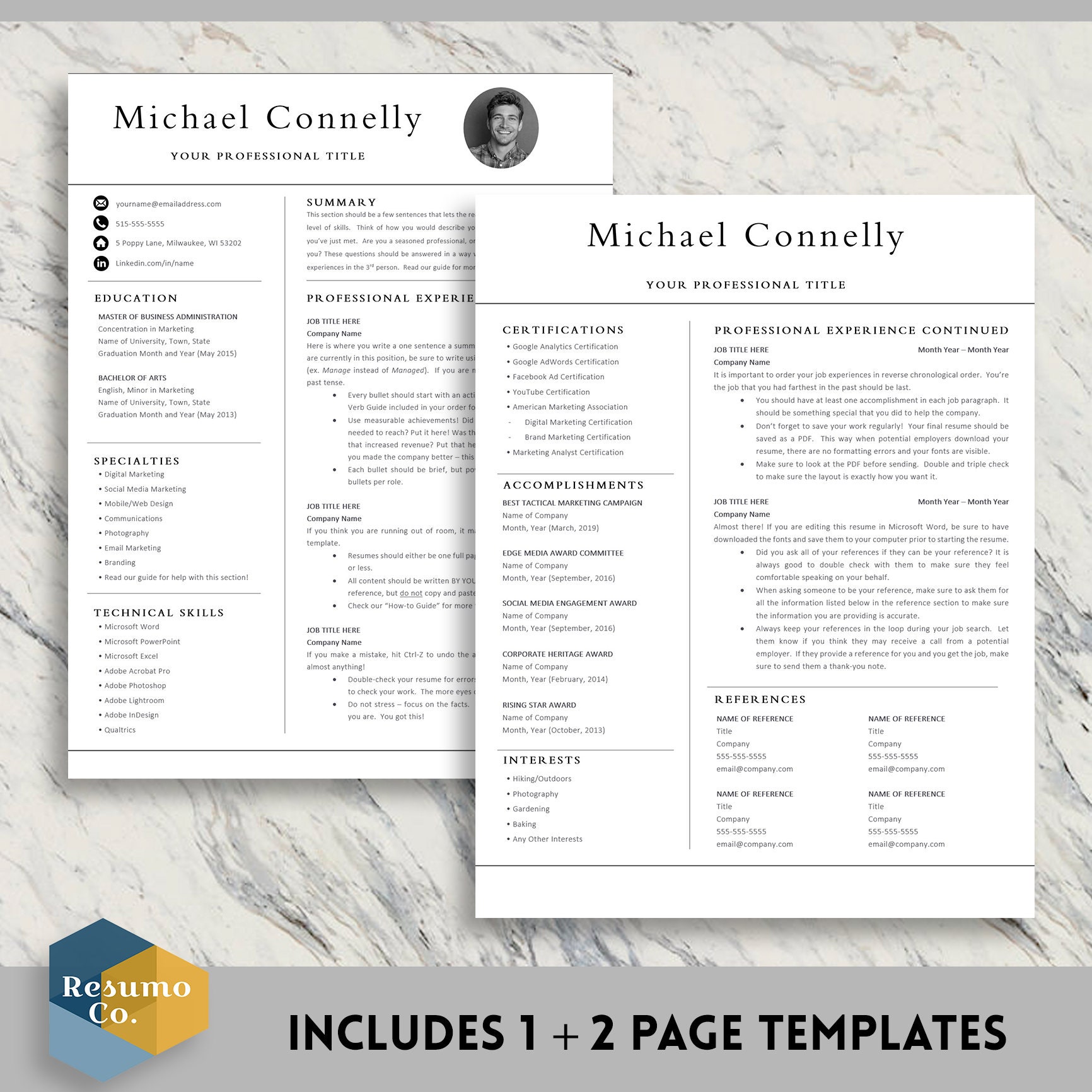 Professional Resume Template 1, 2 Page Resume Simple CV Template, Cover ...