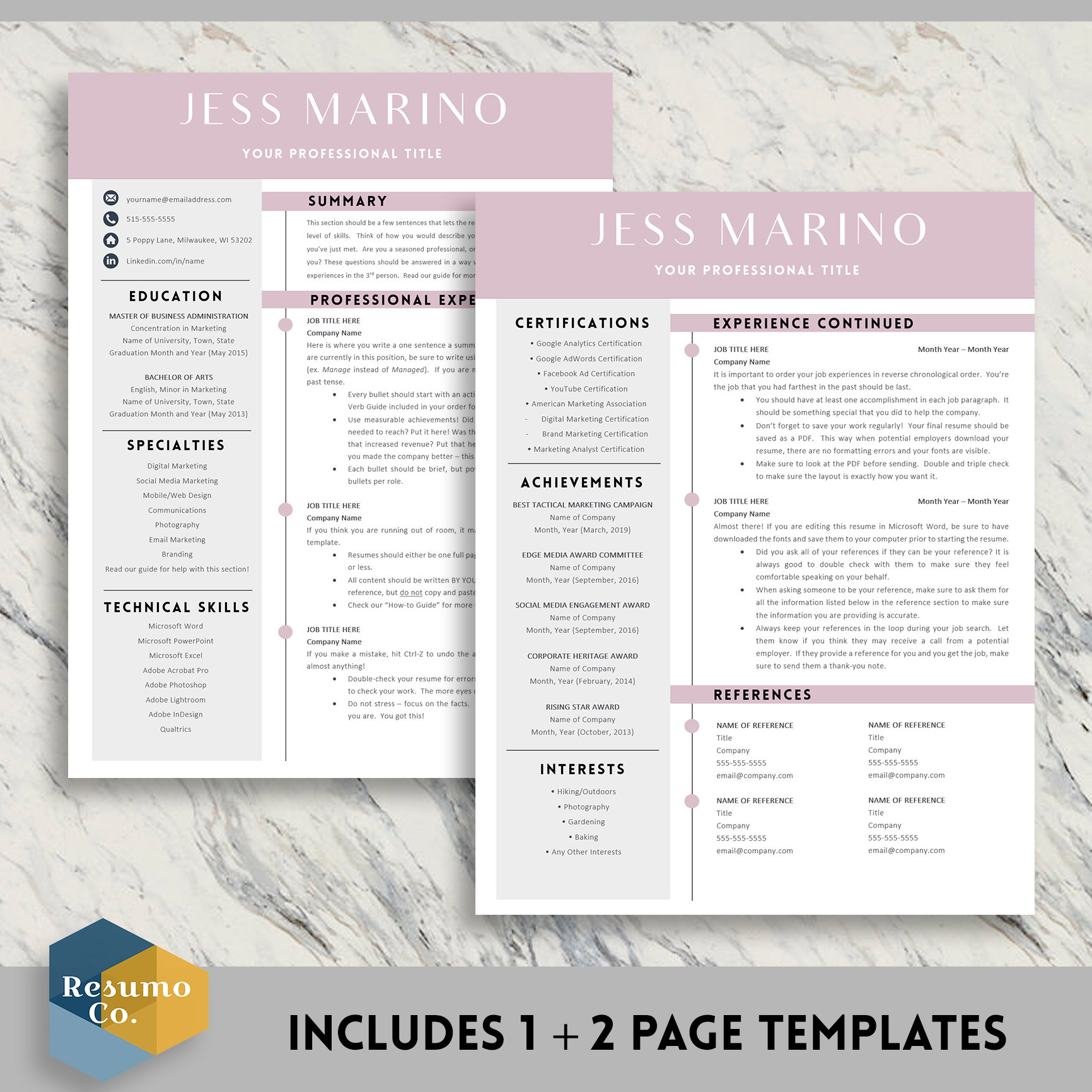 Resume Template for Word 1 & 2 Page Professional Resume Template, Cover ...