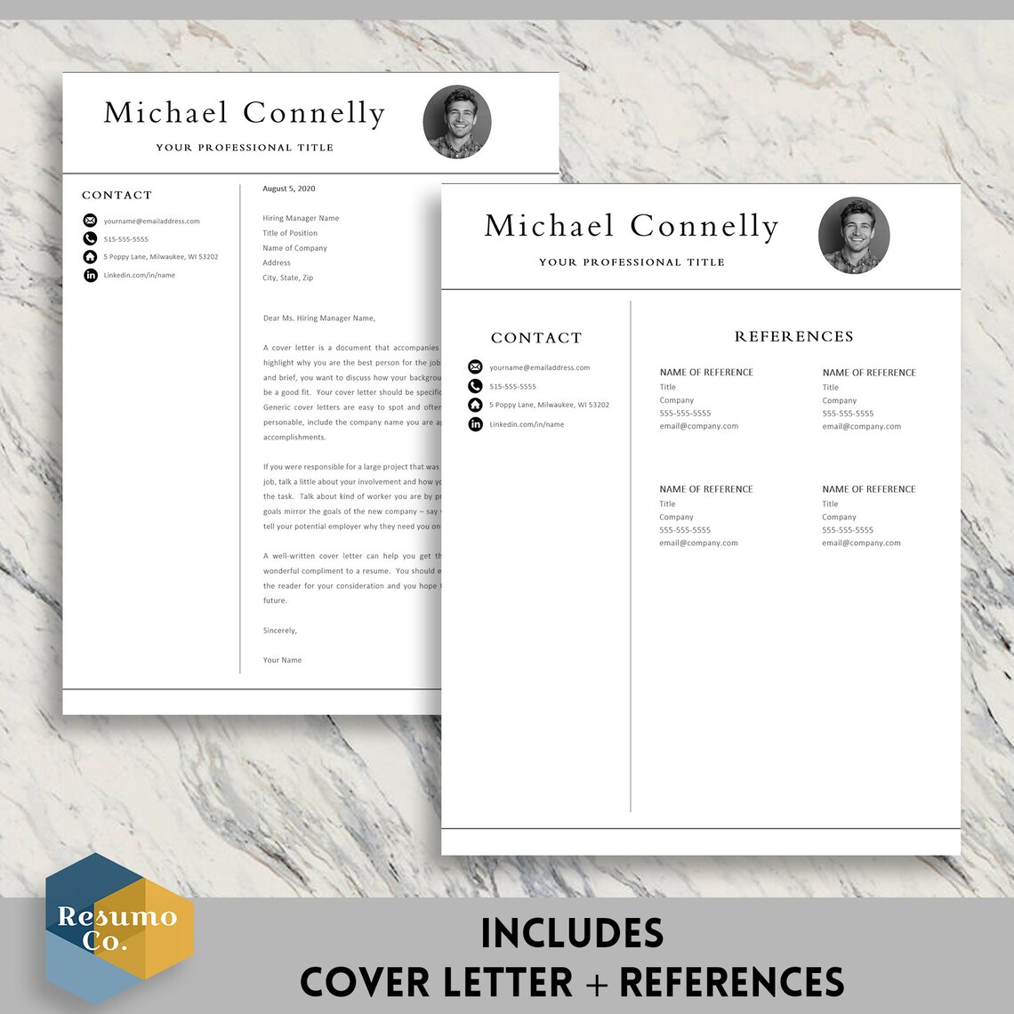 Professional Resume Template 1, 2 Page Resume Simple CV Template, Cover ...