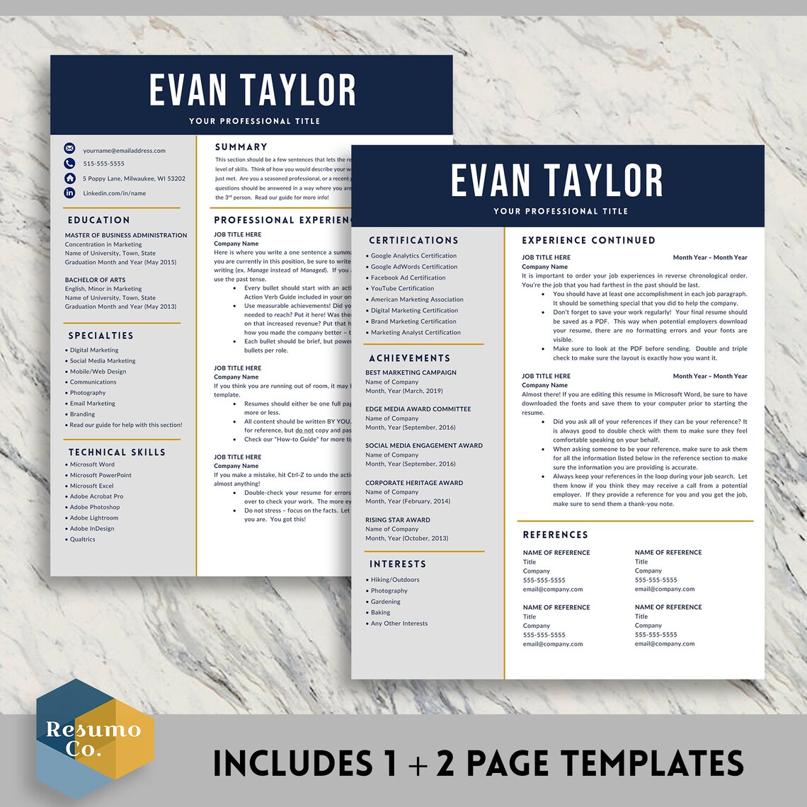 Resume Template for Word | 1 & 2 Page Professional Resume Template ...