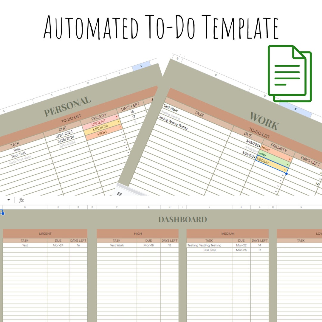 Automated To-do List Personal and Work Google Sheets Template - Etsy