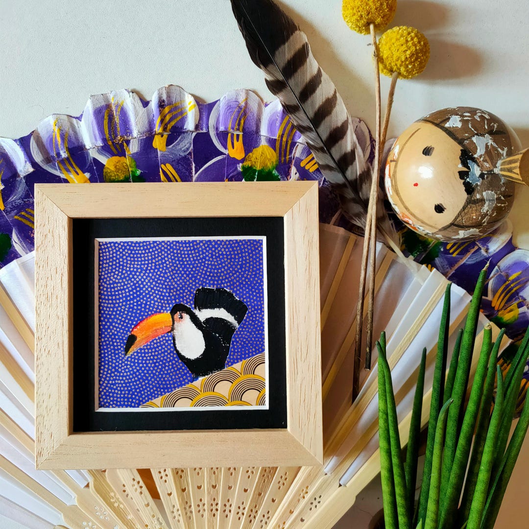 Small Dancing Toucan Painting in Dry Pastel and Handmade Japanese Paper ...